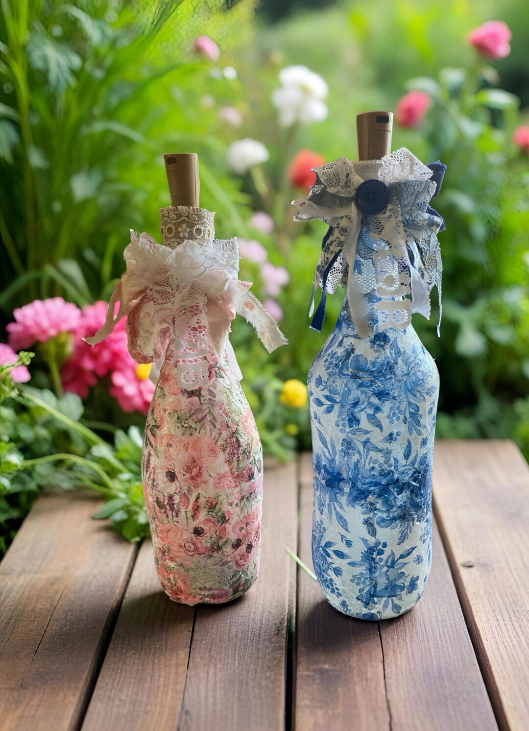 Shabby Chic Bottle Light Up Bottle Decoupaged Bottle Art Shabby Chic