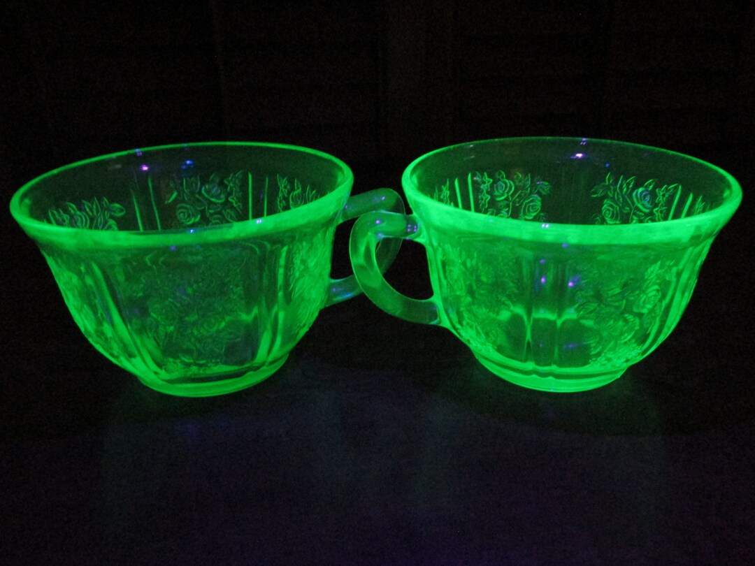 Pair of Uranium Vaseline Green Glass Sharon Federal Tea Cup With Roses ...