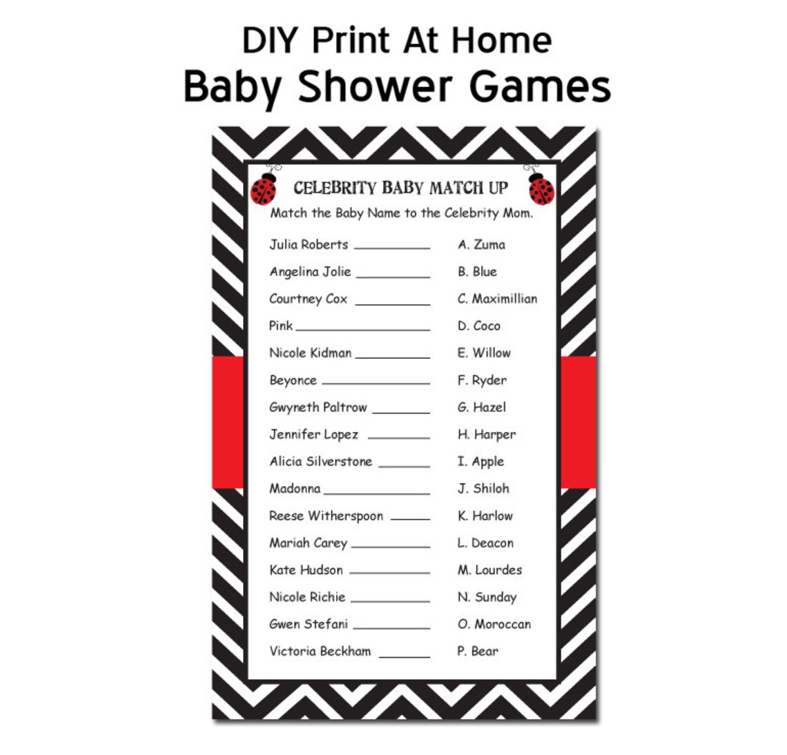 Chevron Ladybug Baby Shower Game Celebrity Baby Match in Red - Etsy