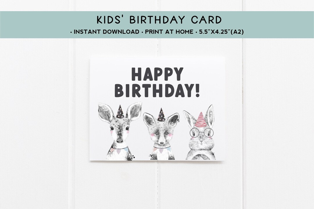 Woodland Animals Happy Birthday Card PRINTABLE Kids Birthday - Etsy