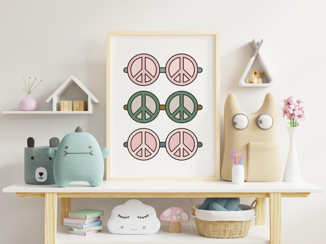 Boho Peace Sign Sunglasses Wall Art, Printable Retro Pink & Green DIY ...