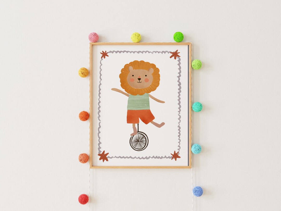 Lion on Unicycle Art Print | Circus Animal Nursery Decor | Playroom ...