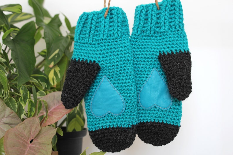 Wool Mittens. Crochet Mittens With Leather Heart. Charcoal Mittens ...