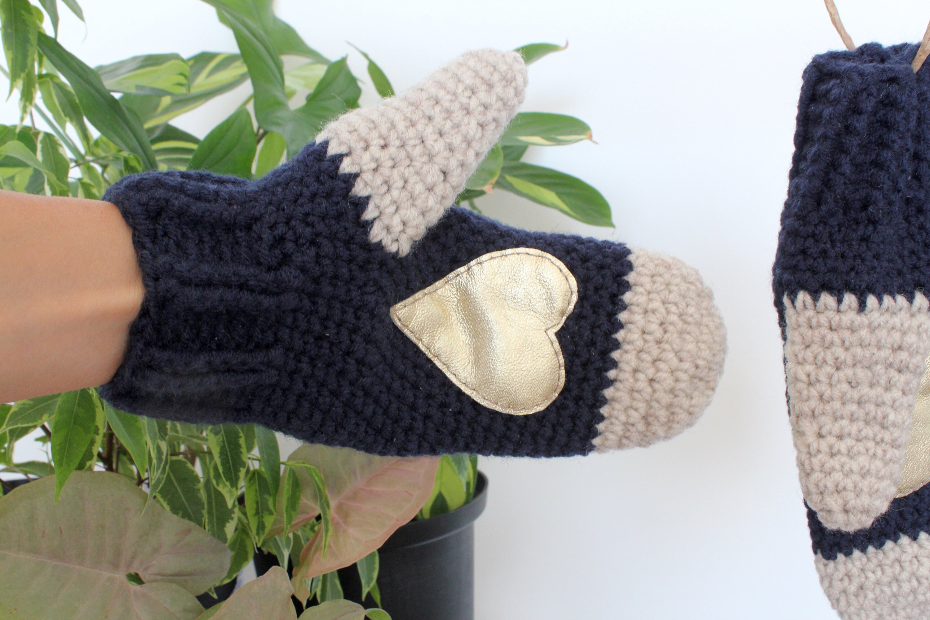 Woman Mittens. Wool Mittens. Crochet Mittens With Leather Heart. Blue ...
