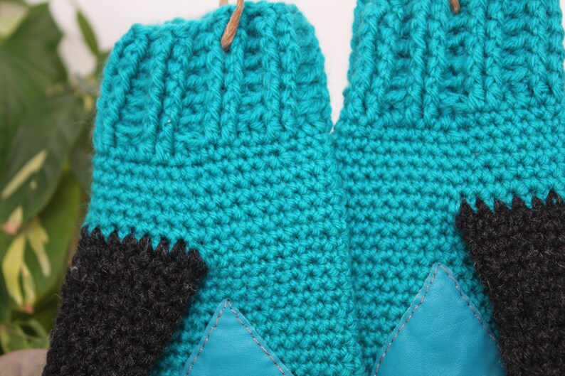 Wool Mittens. Crochet Mittens With Leather Heart. Charcoal Mittens ...