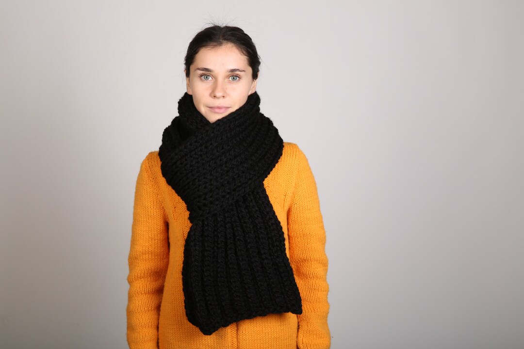 Black Chunky Scarf Wool Scarf Black Long Scarf Long Knit Scarf Winter ...