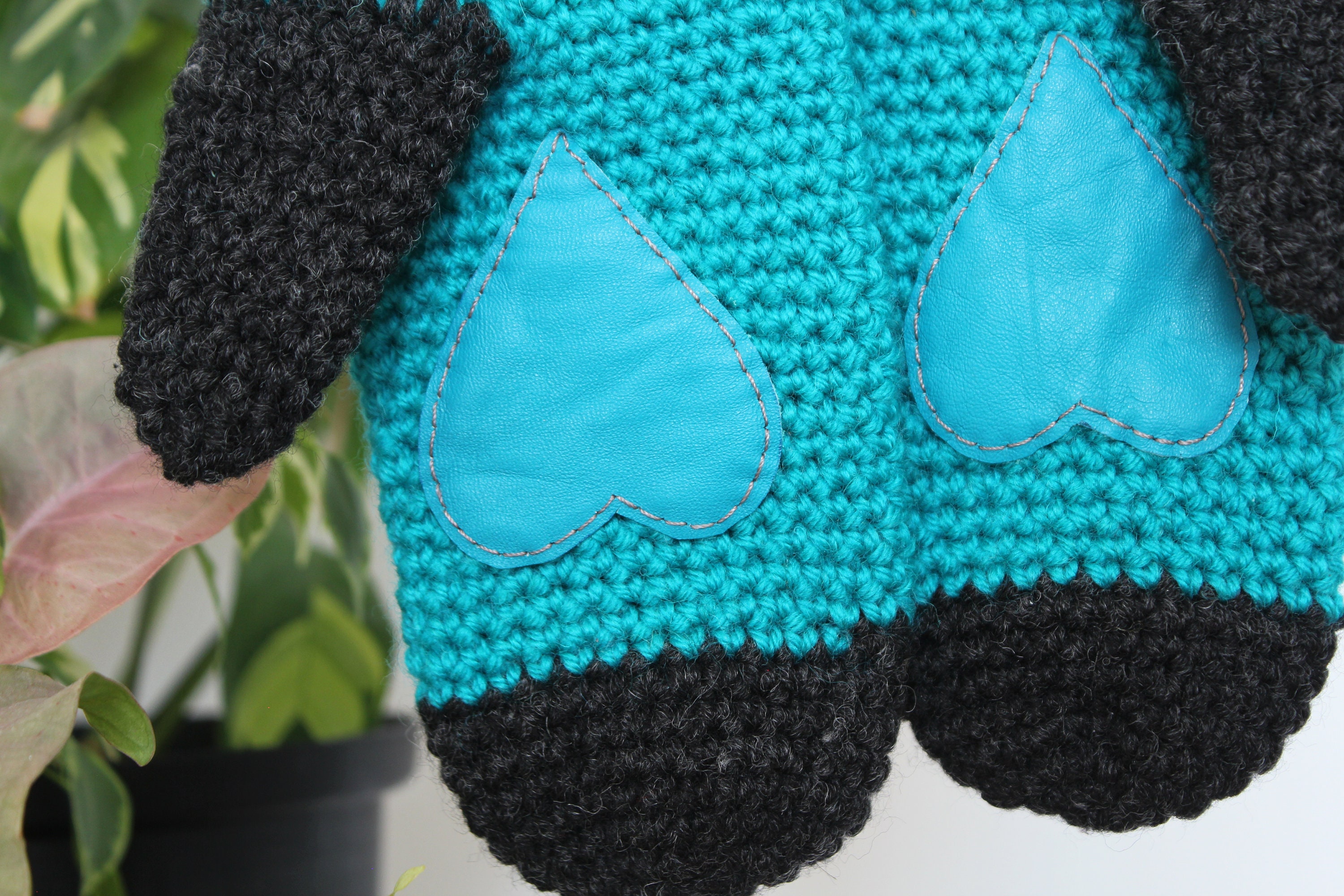 Wool Mittens. Crochet Mittens With Leather Heart. Charcoal Mittens ...