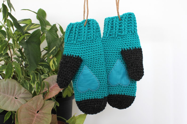 Wool Mittens. Crochet Mittens With Leather Heart. Charcoal Mittens ...