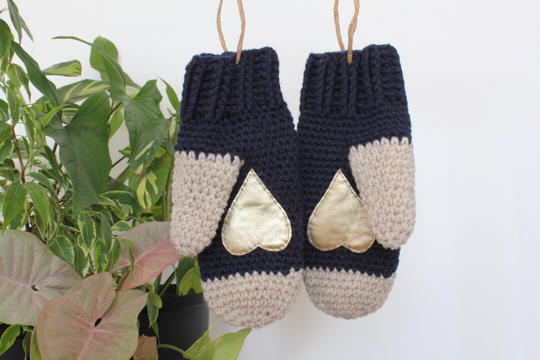 Woman Mittens. Wool Mittens. Crochet Mittens With Leather Heart. Blue ...