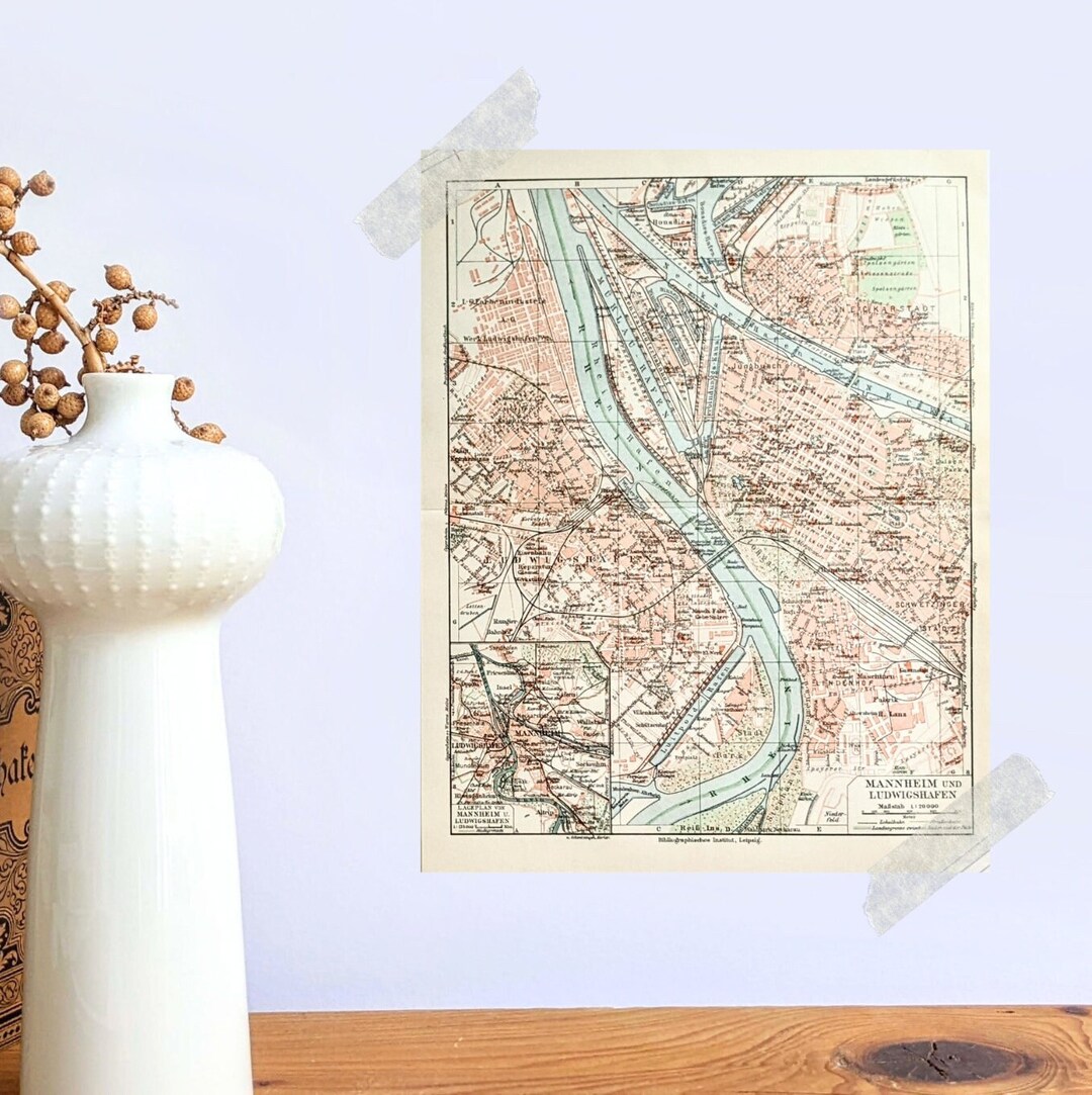 Mannheim Antique Map Vintage City Map Ludwigshafen Original Lithograph ...