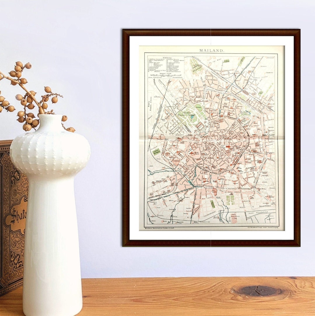 Milan Antique City Map From 1883 Vintage Poster Original Lithograph ...