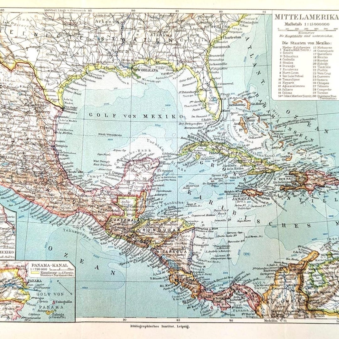 Central America Antique Map From 1897 Vintage Print Original Lithograph ...