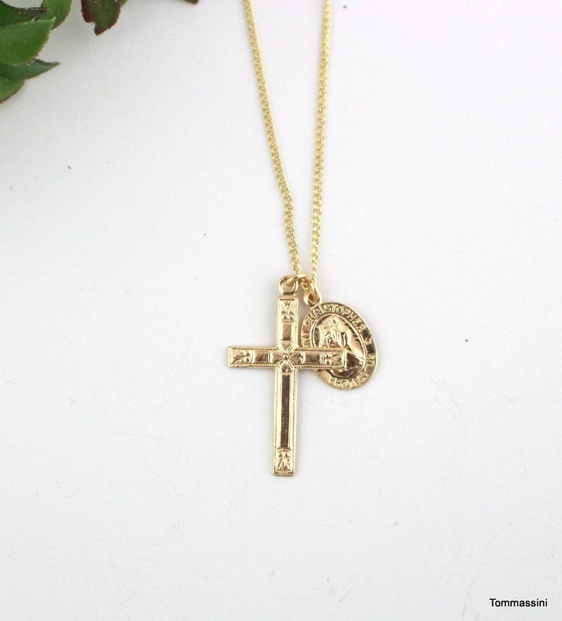 Saint Christopher and Cross Pendent Necklace Cross Necklace | Etsy