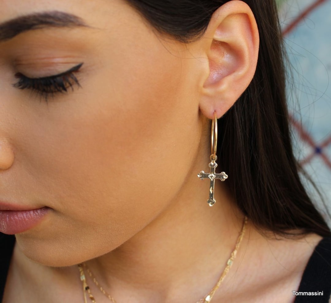 Cross Hoop Earrings, 14K Gold Filled Earrings, Dangle Cross Earrings ...
