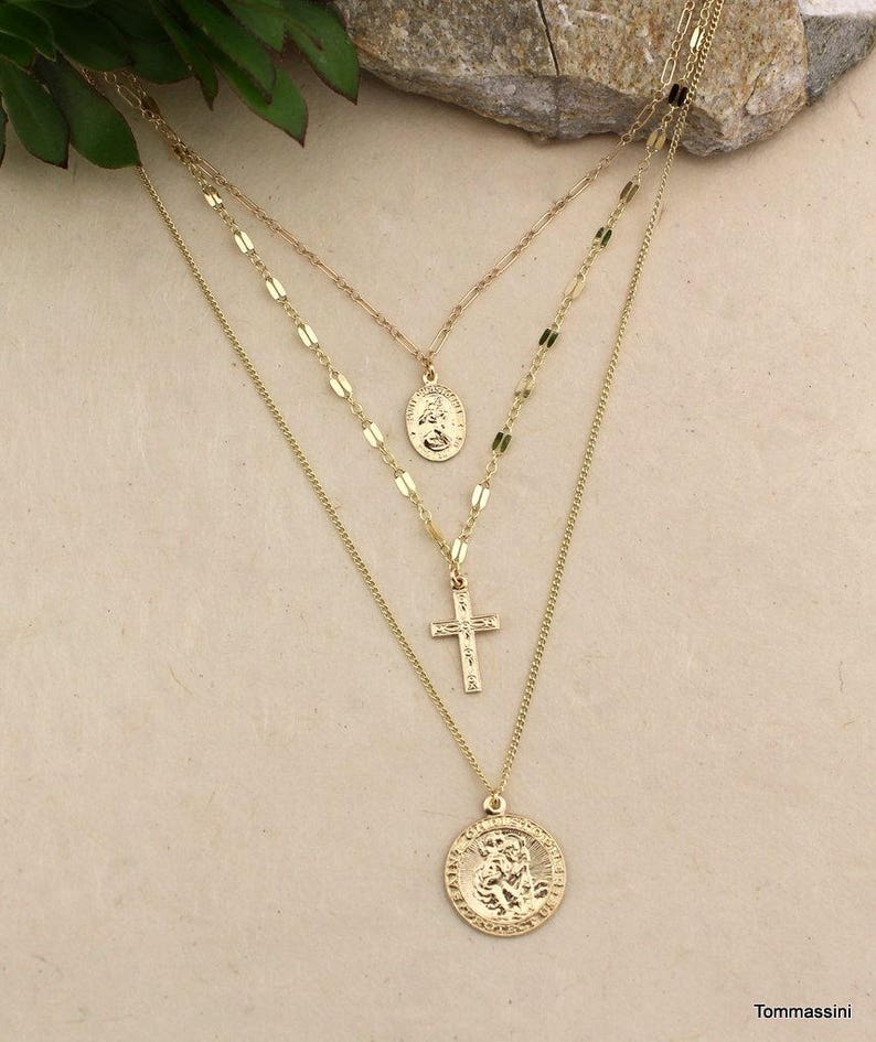 Medallion Coin & Cross Triple Strand Necklace - Layered Cross Necklace ...