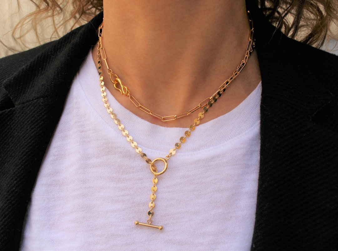 Disc Chain Toggle Clasp Bar Necklace - Gold Filled Y Lariat - Long ...