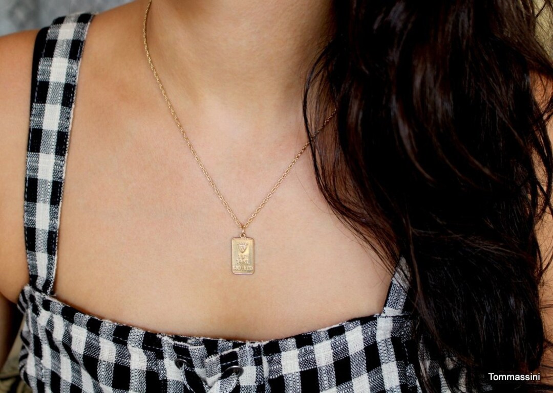Gold Filled Rectangle Medallion Pendant Necklace - Tag Charm Pendant ...