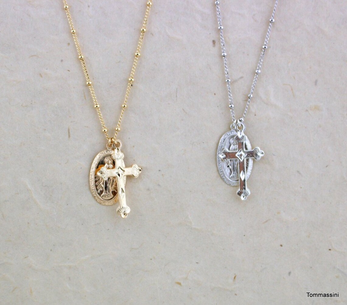 Coin Cross & Virgin Mary Charm Necklace Vintage Cross Saint | Etsy