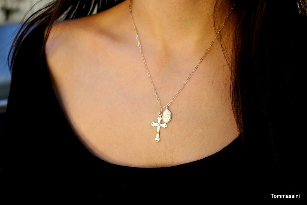 Layered Cross Necklace Cross & Saint Charm Necklace Mary - Etsy