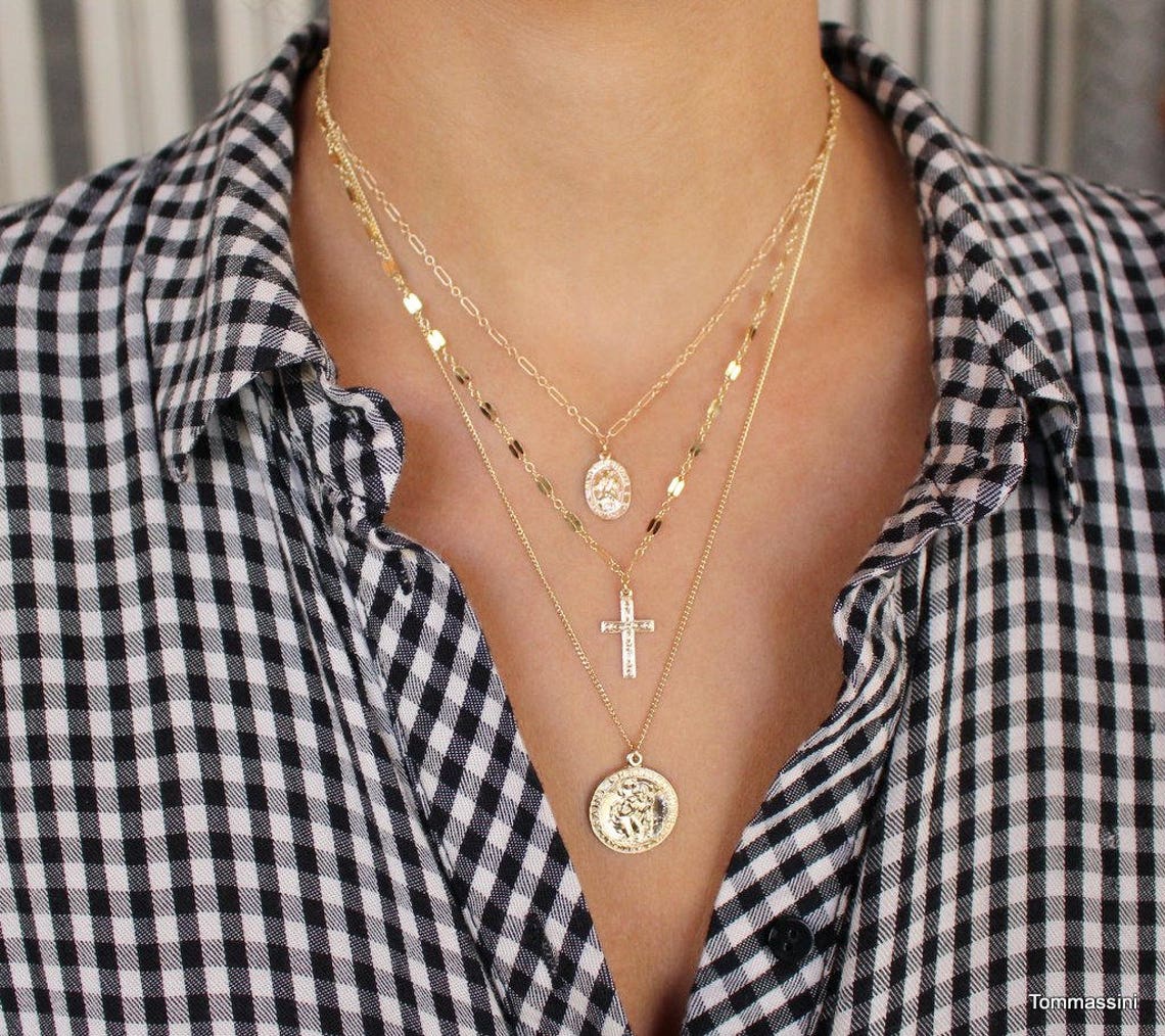 Medallion Coin & Cross Triple Strand Necklace - Layered Cross Necklace ...