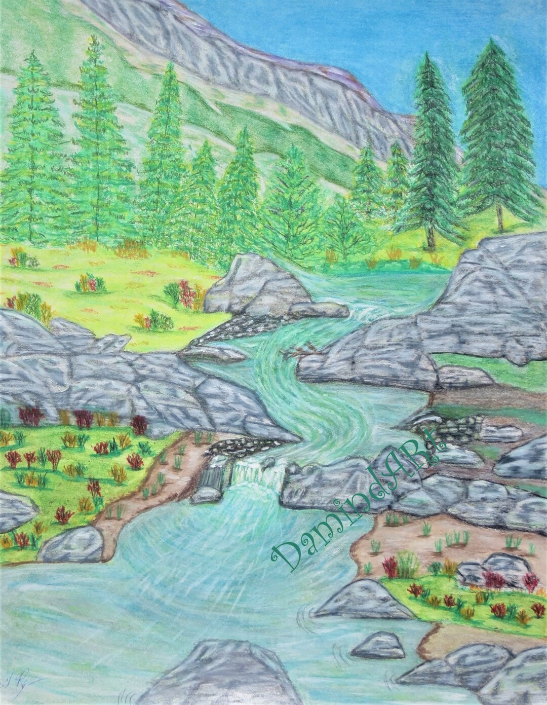 Mountain Stream With Cascades- Original Colored Pencil Drawing - Etsy