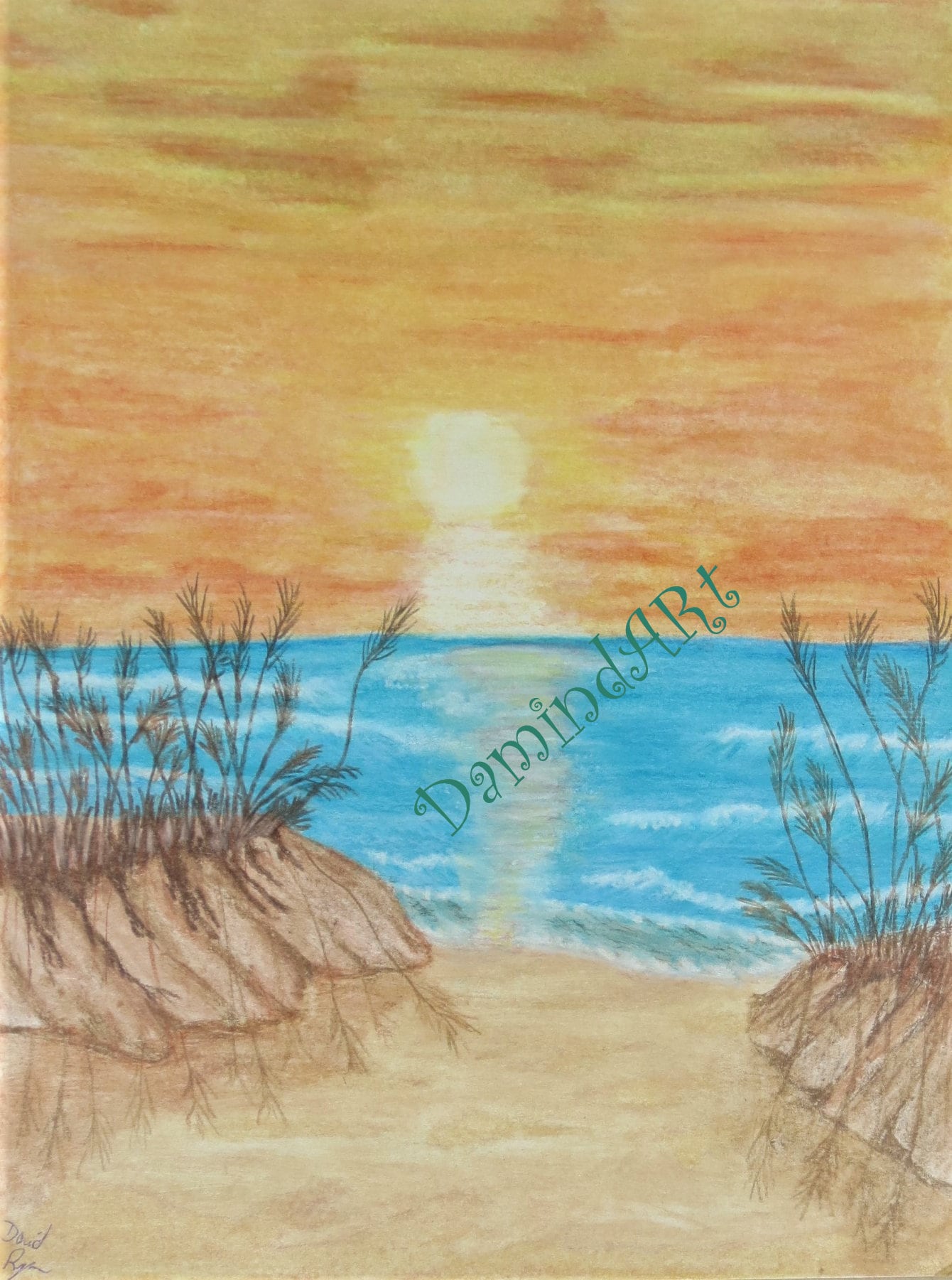 Beach Sunset Colored Pencil Drawing