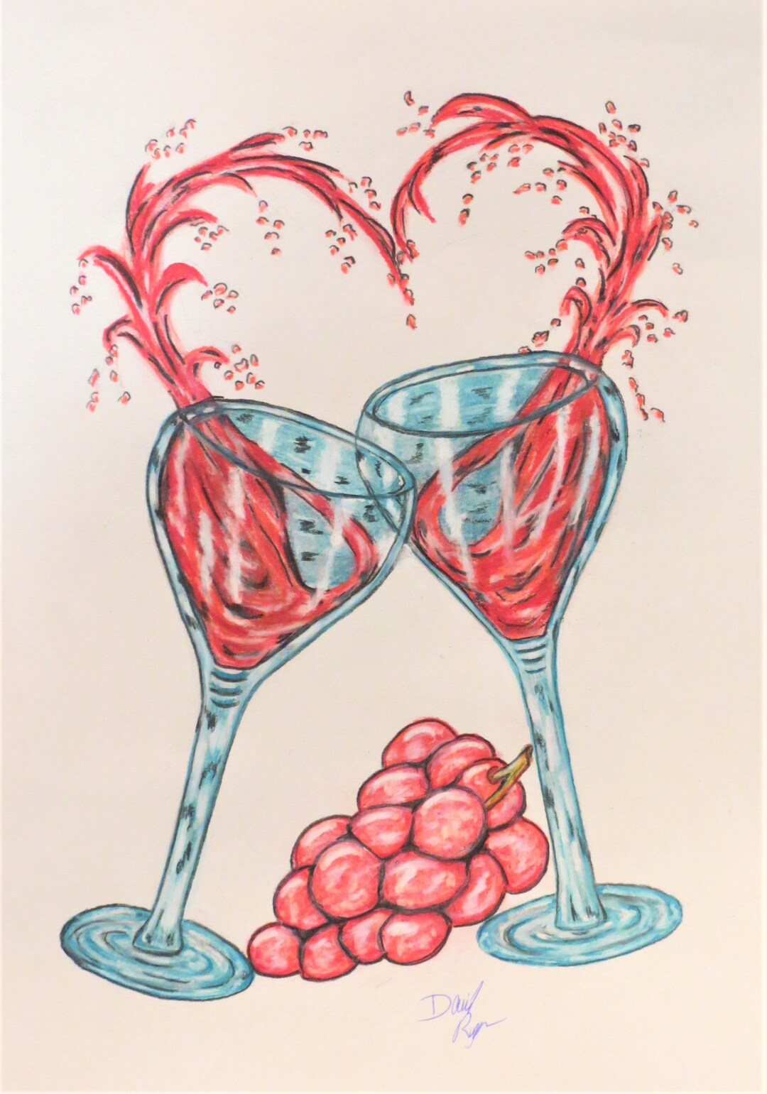 Wine Glasses Spilling Heart of Wine- Original Colored Pencil Drawing ...