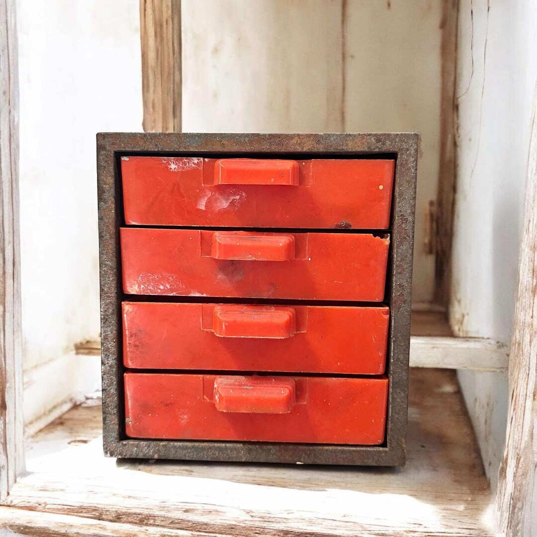 Small Tool/organizer Chest Rustic Metal With Red Plastic Drawers 5.75 ...