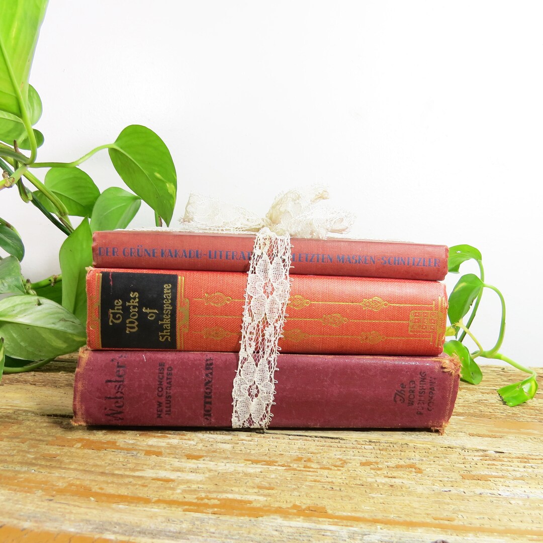 Vintage Red Book Stack 3 Shabby Old Books Shakespeare, Old Dictionary ...