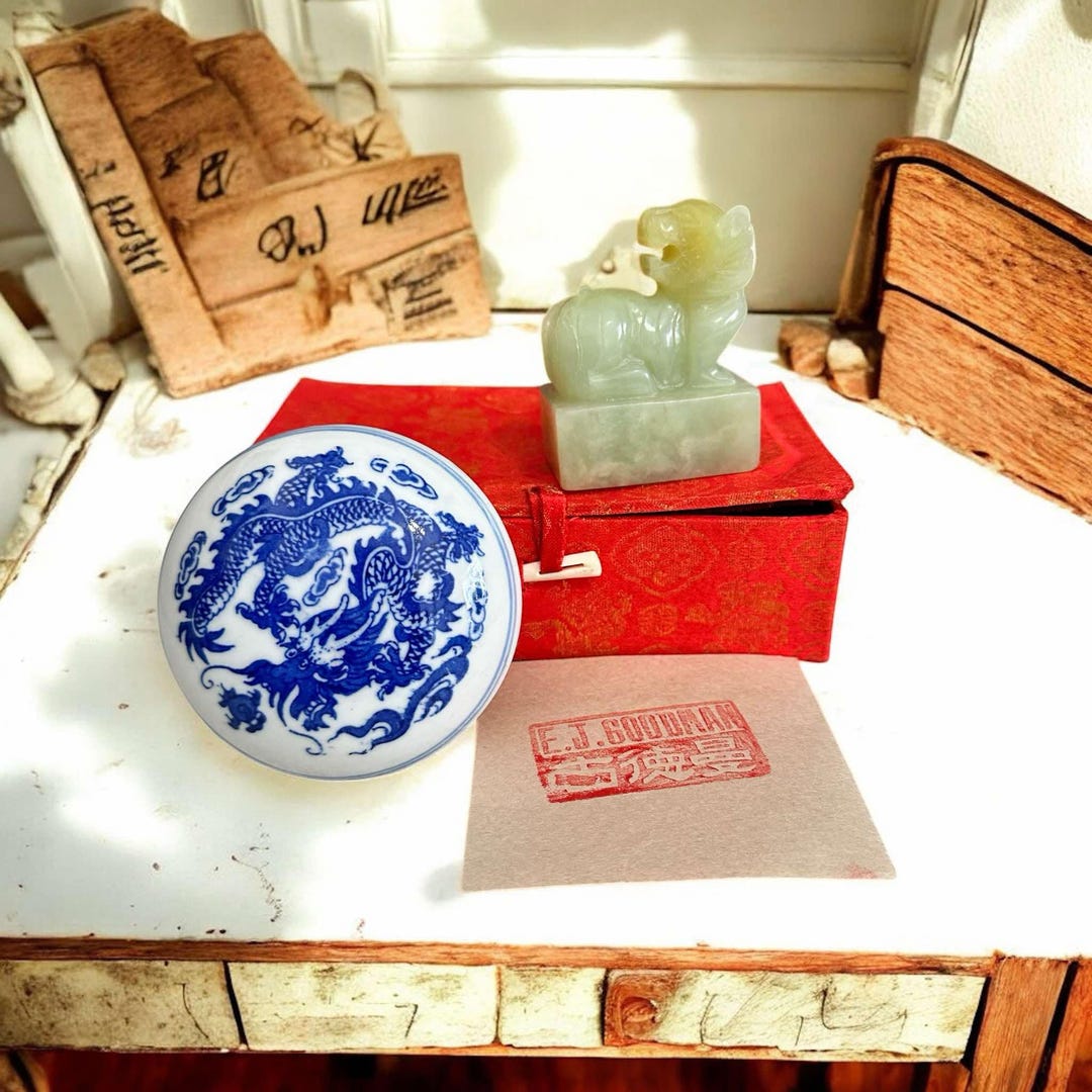 Vintage Chinese Stamp Set Red Seal Paste in Dragon Dish With Tiger ...