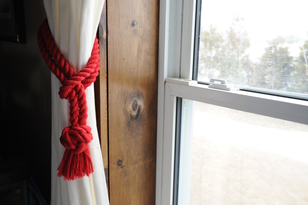 2 Curtain Tie Backs - Red Cotton Rope - Red - Nautical Decor - Cottage ...