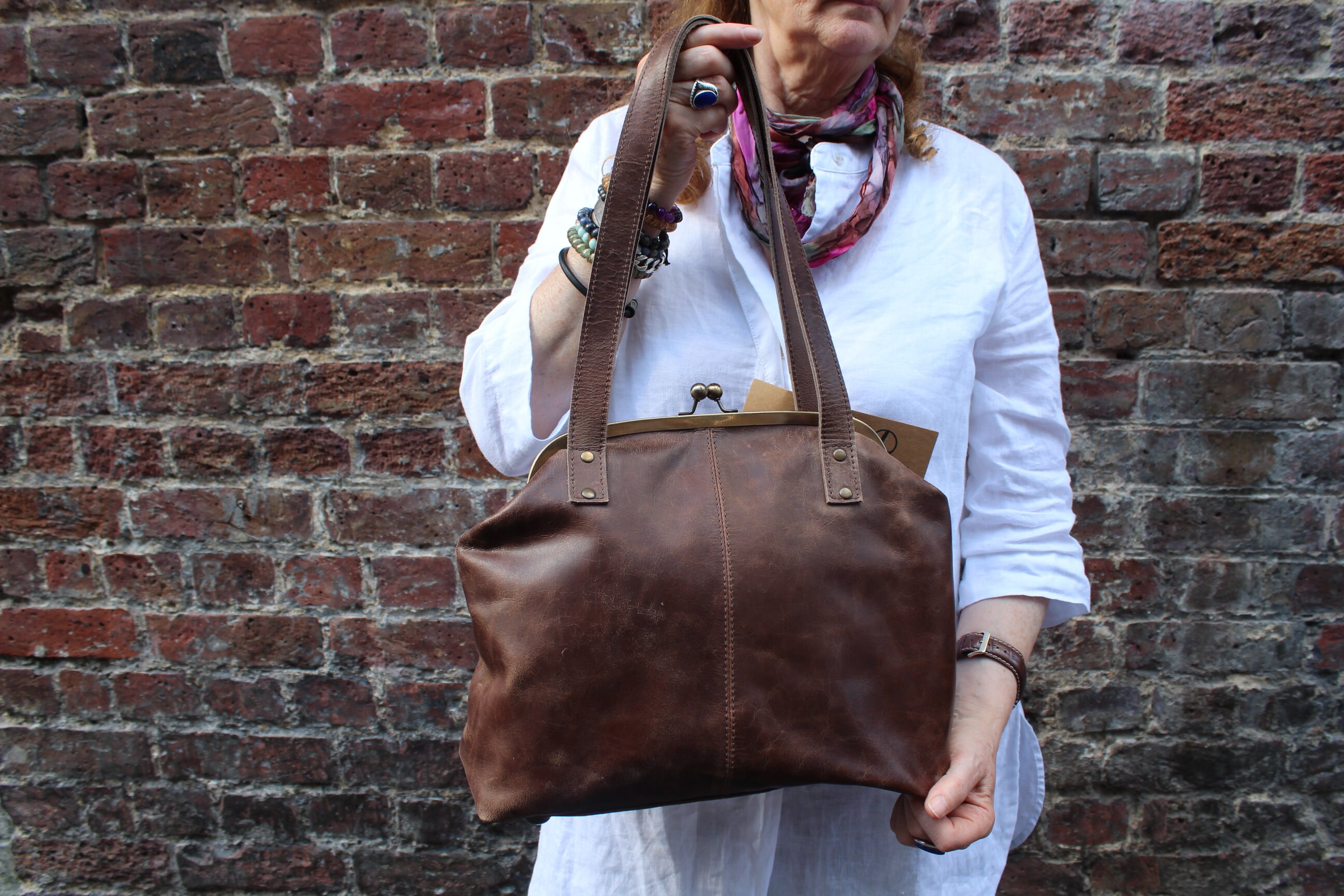 Worn Look Leather Shoulder Bag: Large Brown Kiss Lock Clip Purse - Etsy