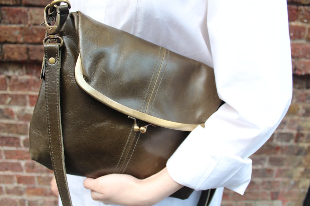 Top Clip Bag, Flap Over Olive Green, Top Clasp Leather Bag, Back and ...