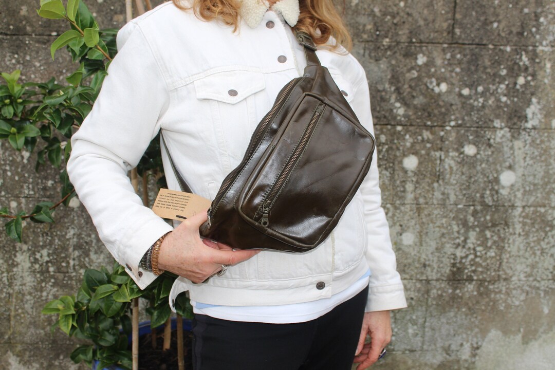 Dark Green Bum Bag, Leather Sling Bag, Double Zipped Fanny Pack, Fully ...