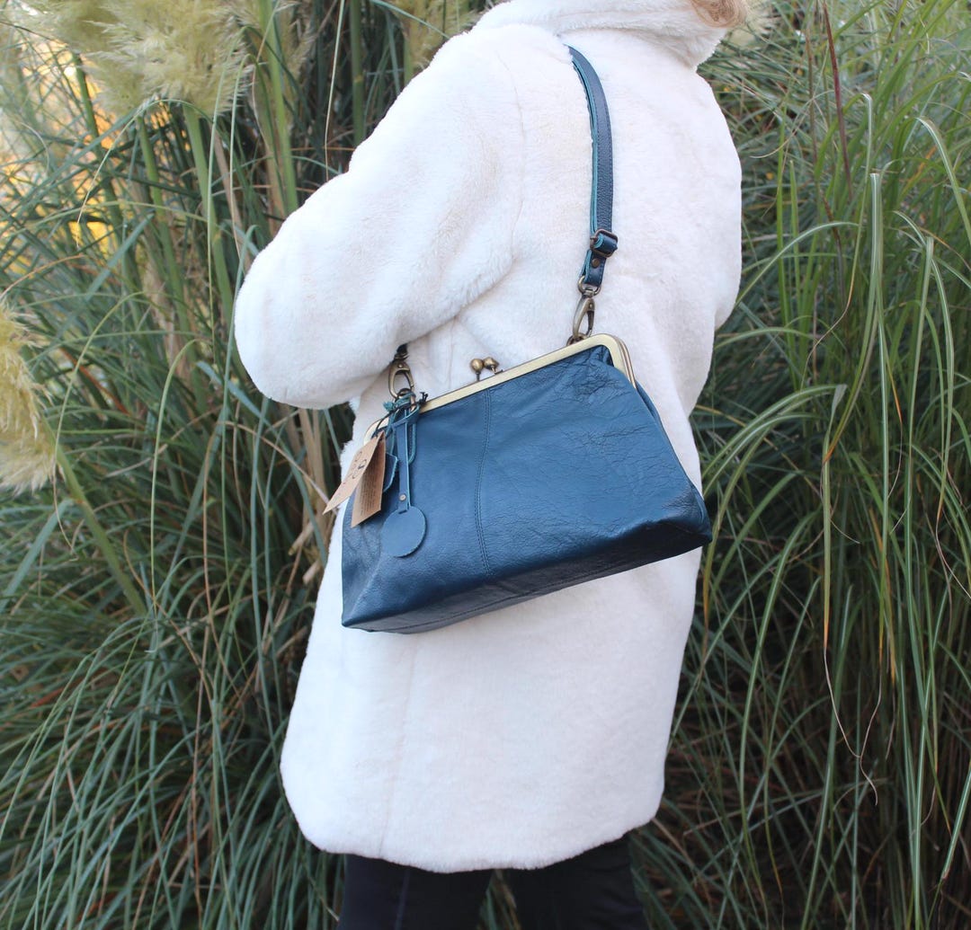 Cobalt Blue Kiss Lock Cross Body Leather Handbag Purse, Brass Hardware ...