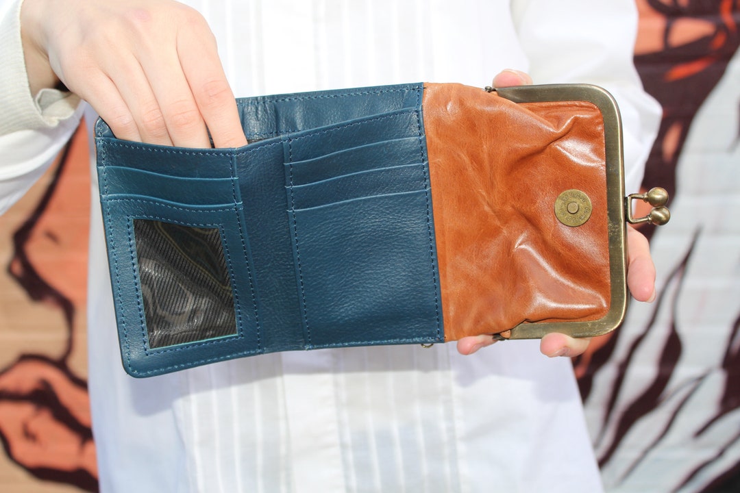Genuine Leather Ball Clasp Wallet: Tan & Blue Interior, Trifold Clip ...