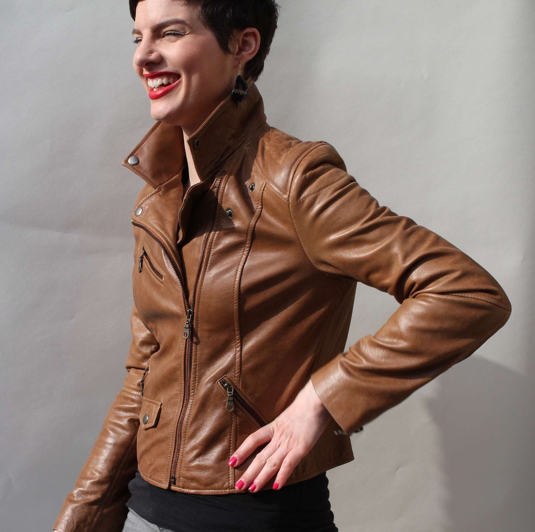Dark Tan Leather Biker Jacket, 70s Style, YKK Zips - Etsy
