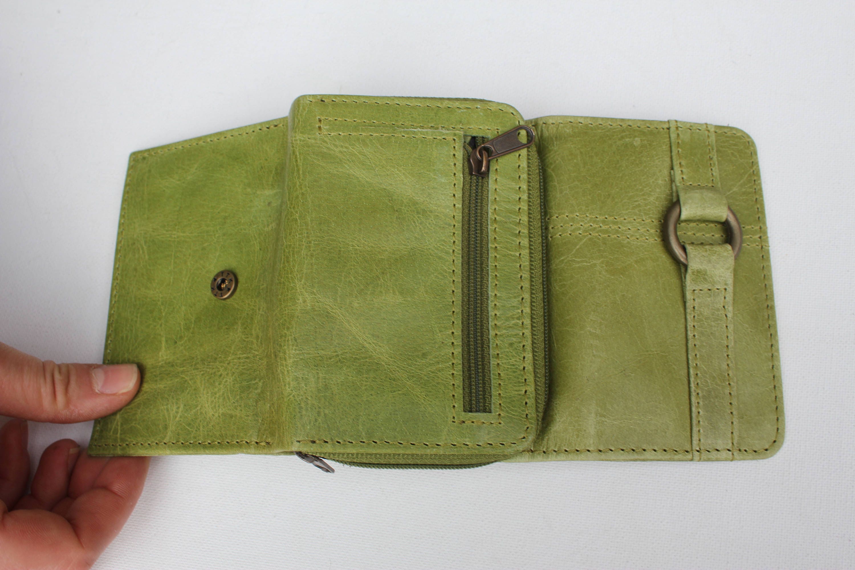 Apple Green Leather Trifold Wallet: Ring Accent, Card Slots - Etsy