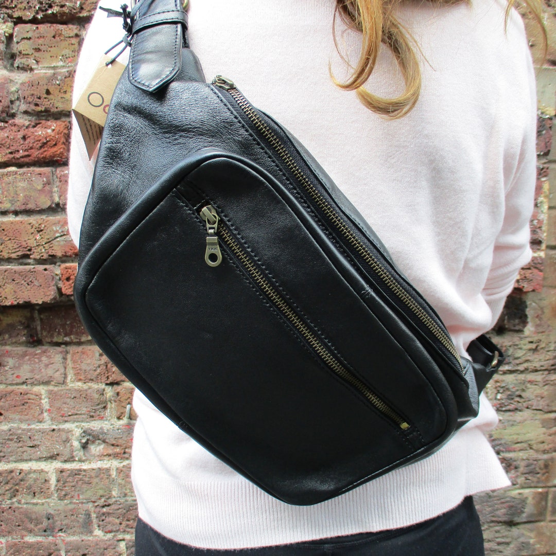 Oversized Black Leather Fanny Pack: Unisex 3-compartment Bumbag, 'giant ...