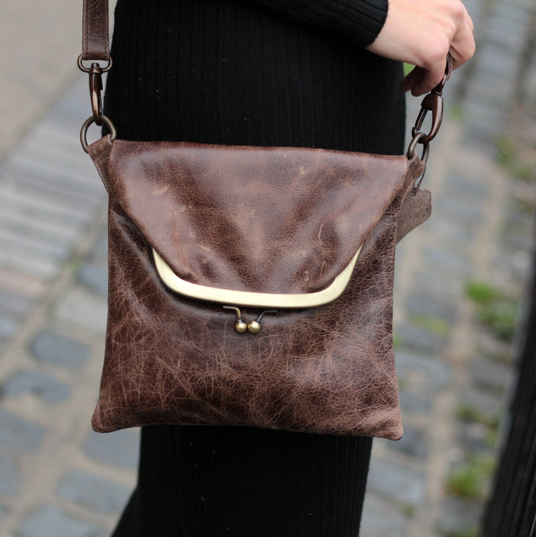 Clip Frame Fold Over Handbag, Brown Top Clip Purse, Mini Dublin Clip ...