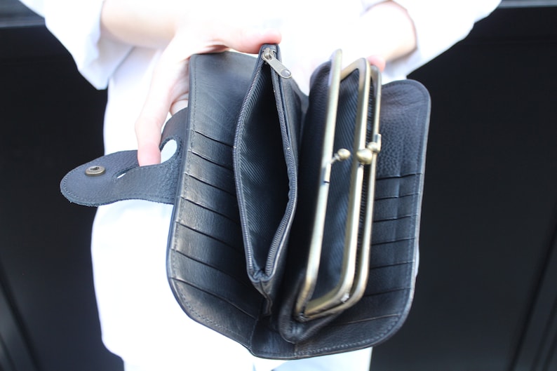Extra Large Black Leather Wallet: Double Kissclip Closure, Clutch ...