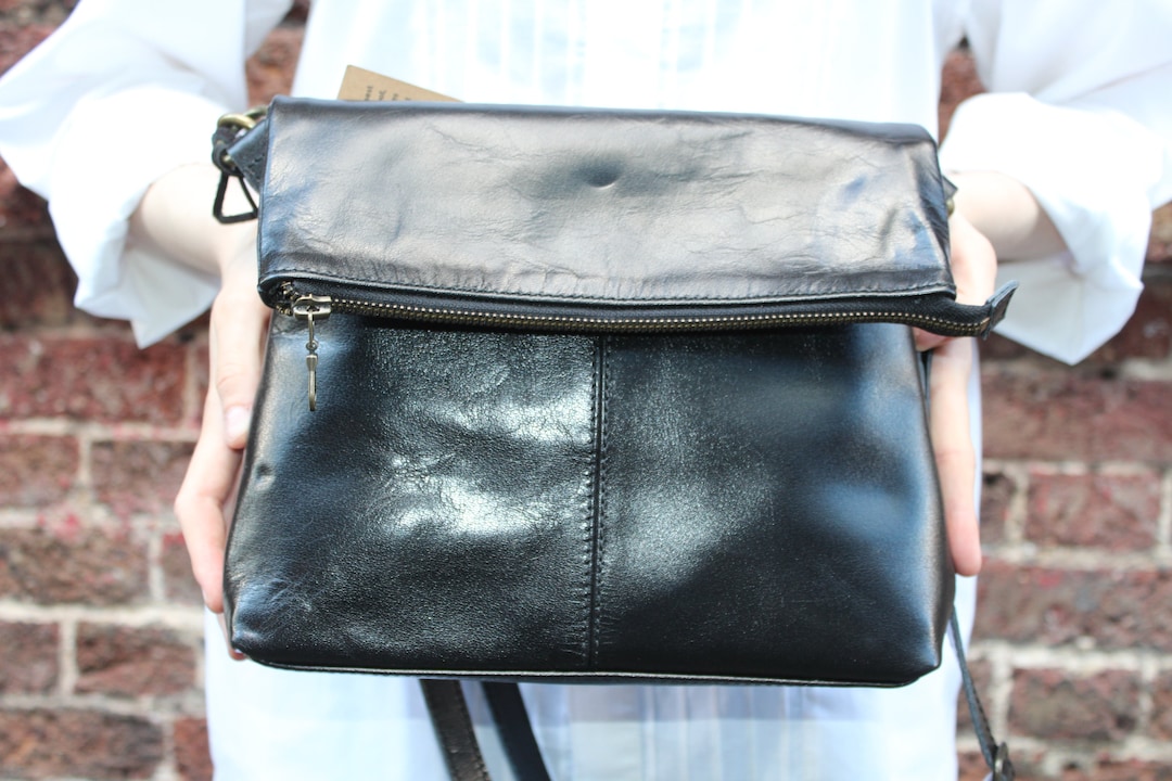 Flap Over Black Leather Bag, Medium Size Foldo, Zip Bag Black Small ...