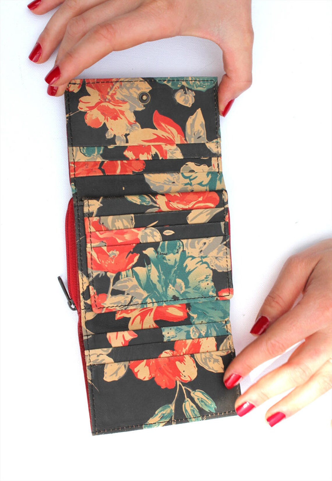 Small Grande Red and Spanish Floral Leather Trifold Wallet - Etsy