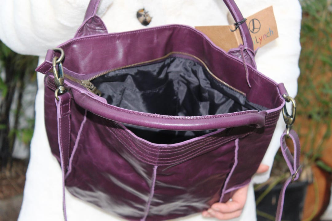 Violet Leather Tote Bag: Laptop Compartment, Adjustable Crossbody Strap ...
