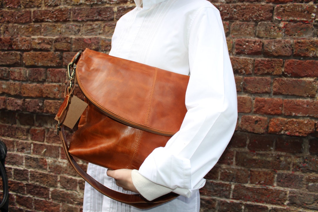 Large Zip Bag Tan Leather, Dublin, Oversized Messenger Bag Zipped ...