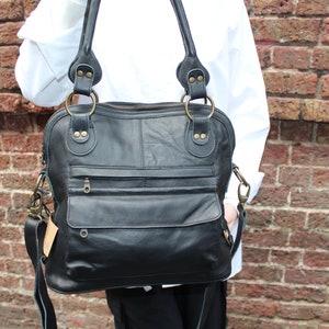 Tote and Long Strap Handbag, Pamela, Black Leather, Front Pockets ...