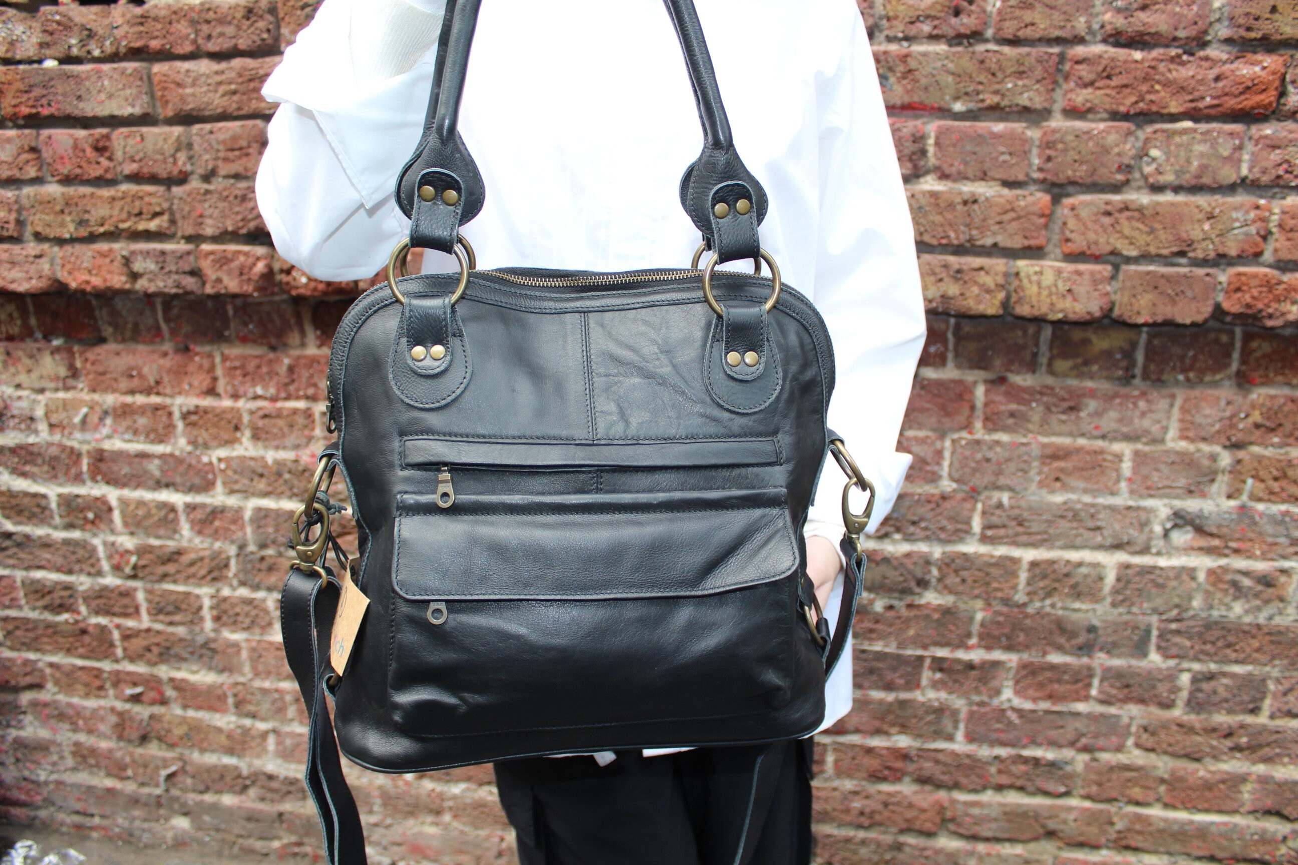 Black Leather Tote Handbag: Crossbody Strap, Front Pockets - Etsy Canada