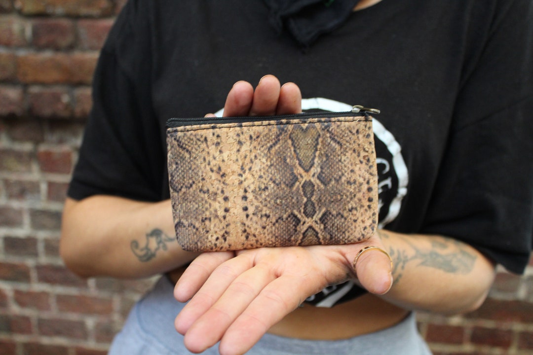 Mini Vegan Purse in Printed Snake Cork Small Black and Brown Zip Coin ...