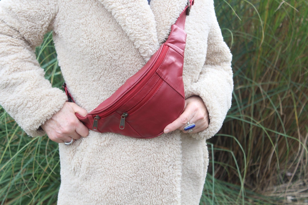 Red Leather Bum Bag, Fanny Pack Red, 3 Zip Small Fanny Bag, Hip Bag Red ...
