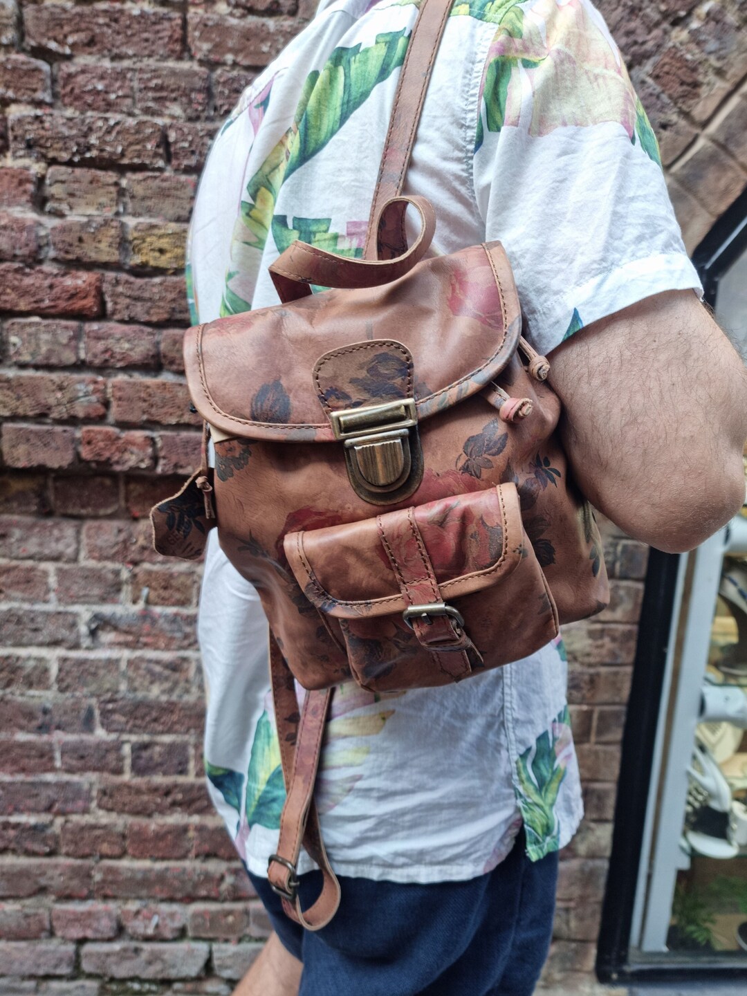 Mini Rucksack, Floral Printed Leather, Front Pocket, Inner Compartment ...